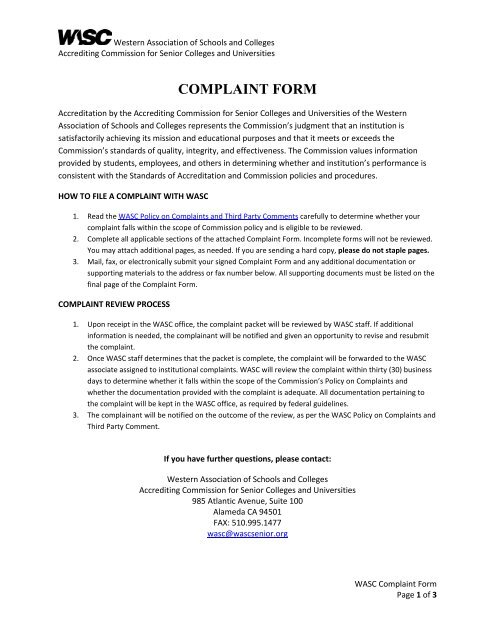 COMPLAINT FORM - Senior College and University Commission