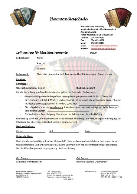 Leihvertrag für Musikinstrumente - " Harmonikaschule " Hans ...