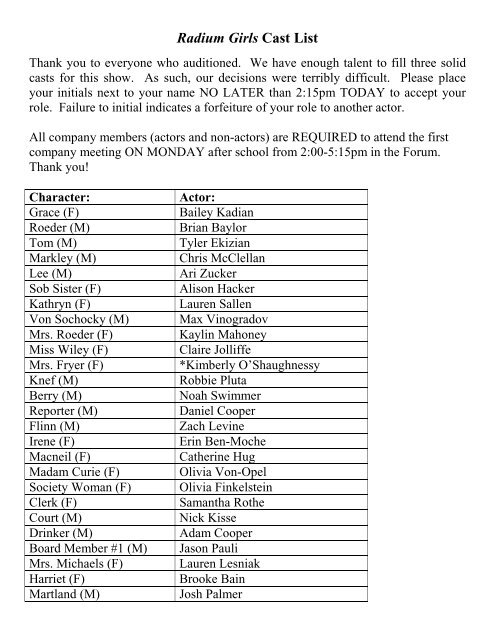 Radium Girls Cast List - WBHSTheatre.com