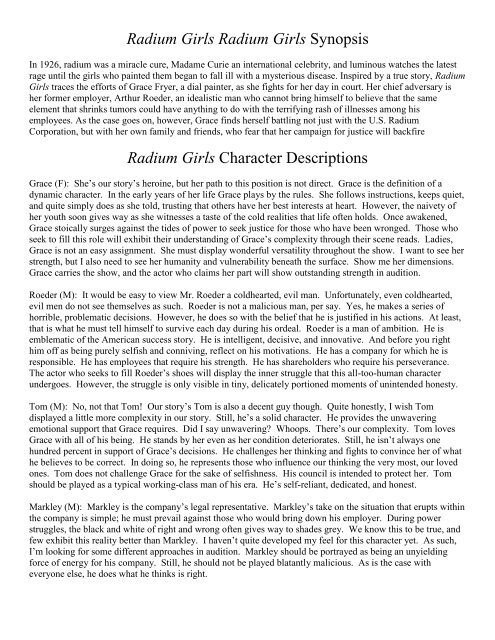 Radium Girls Character Descriptions - WBHSTheatre.com