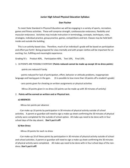 Junior High School Physical Education Syllabus Dan Fischer