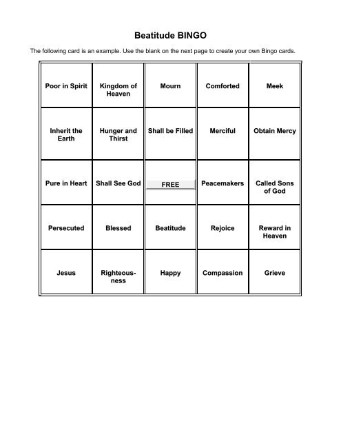 Lesson 4: Beatitude Bingo game cards