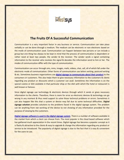 The Fruits Of A Successful Communication