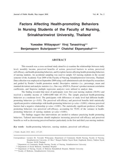 Factors Affecting Health-promoting Behaviors in Nursing Students of ...