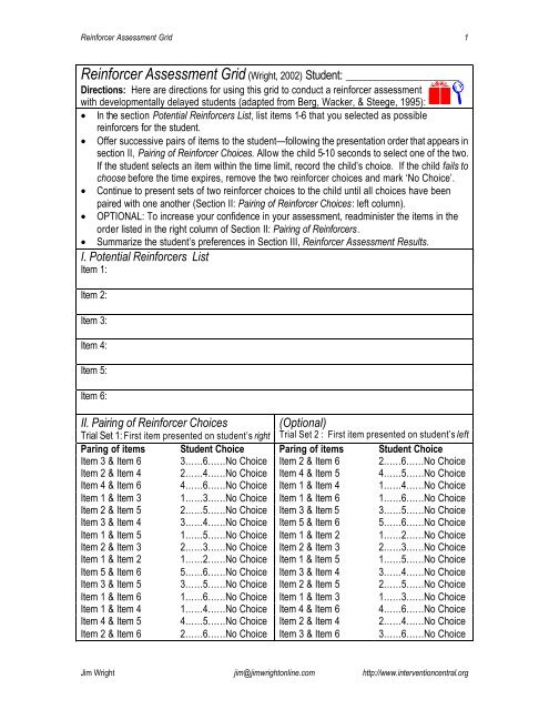 Reinforcer Assessment Grid - Intervention Central