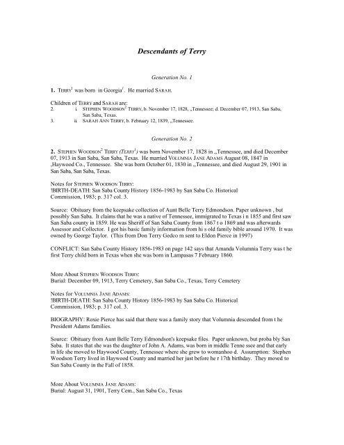 Descendants of Terry - Terry Family Historian