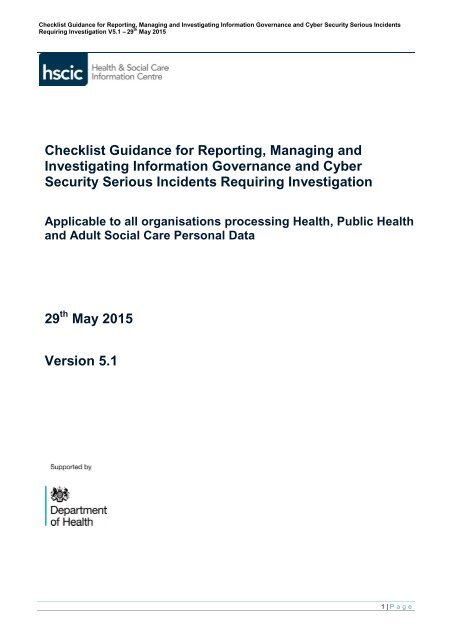 HSCIC SIRI Reporting and Checklist Guidance