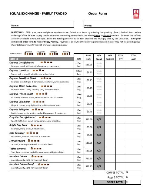 Fair Trade Equal Exchange Order Form - Mantua Center Christian ...
