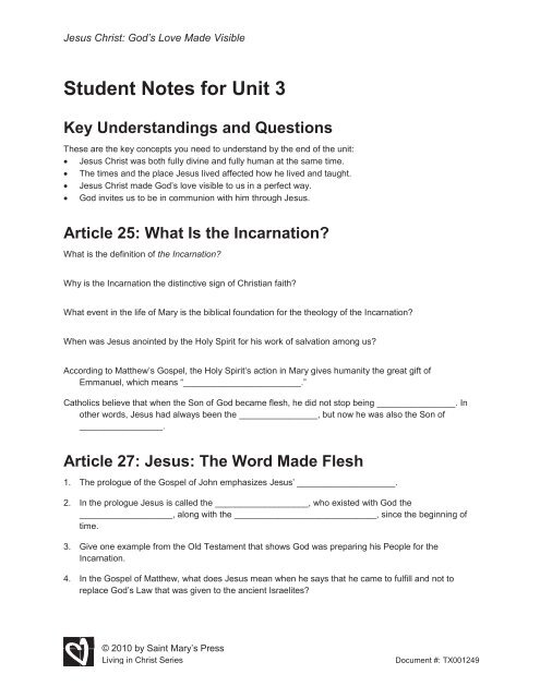 Student Notes for Unit 3 - Saint Mary's Press