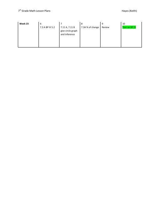 7th Grade Math Lesson Plans Hayes (Keith)