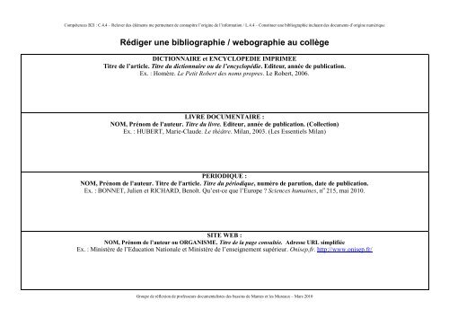 Rédiger une bibliographie / webographie au collège Rédiger une bibliographie / webographie au collège
