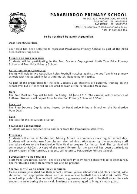 Freo Dockers Cup 2013 consent form - Paraburdoo Primary School