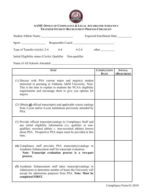Process Checklist Document for Transfer Students (PDF)