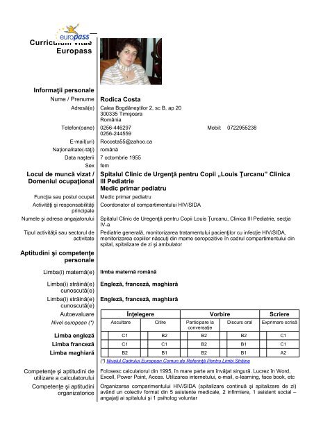 Curriculum vitae Europass - Spitalul Clinic de Urgenta pentru Copii ...