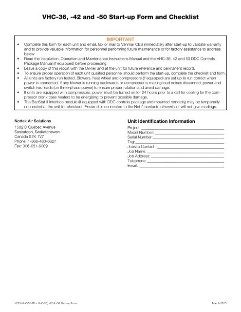 VHC-36, -42 & -50 Start-up Form and Checklist - Venmar CES Inc.