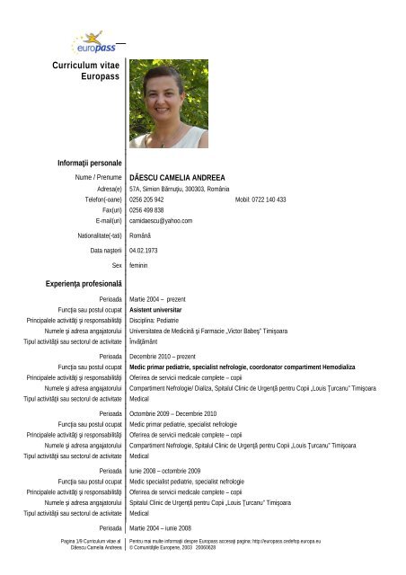 Curriculum vitae Europass - Spitalul Clinic de Urgenta pentru Copii ...