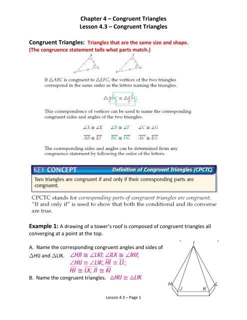 Chapter 4 â Congruent Triangles Lesson 4.3 â Congruent Triangles
