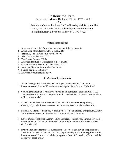 Dr. Robert Y. George Professor of Marine Biology UNCW (1973 ...