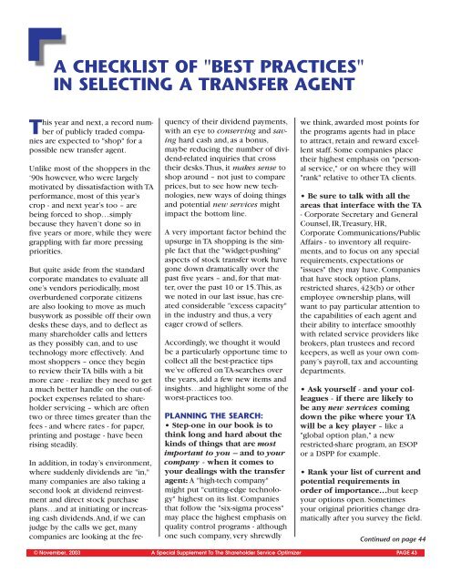 A Checklist of Best Practices in Selecting a Transfer Agent