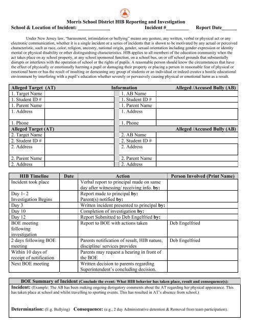 MSD Incident Investigation Form - Morris School District