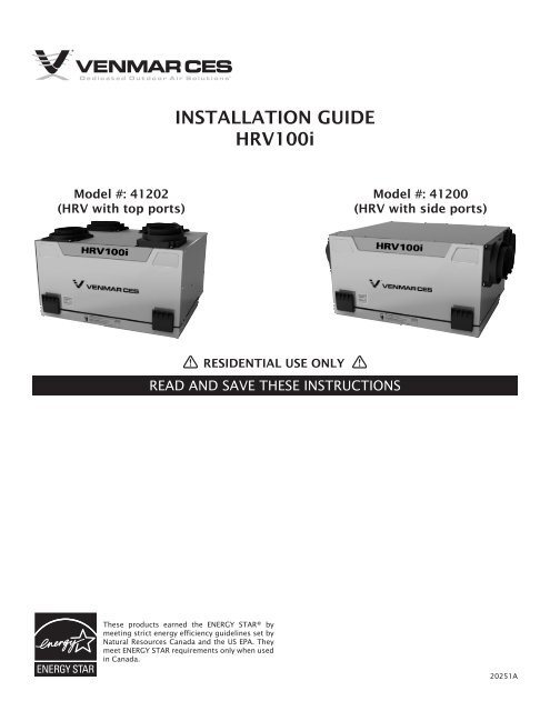 HRV100i Installation Guide - Venmar CES Inc.