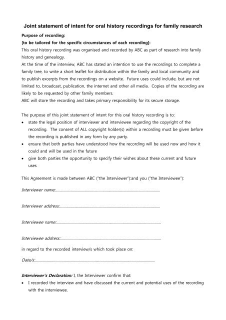 Joint statement of intent for oral history recordings for family research