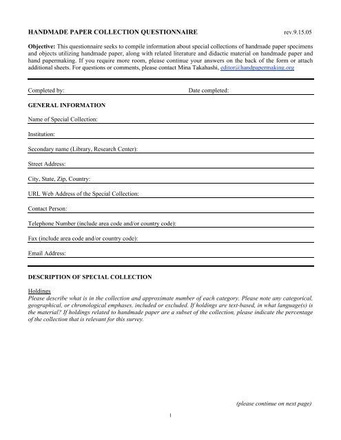 handmade paper collection questionnaire - hand papermaking ...