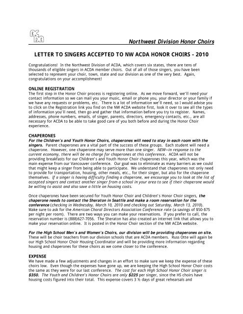 Honor Choir Acceptance Letter - nwacda