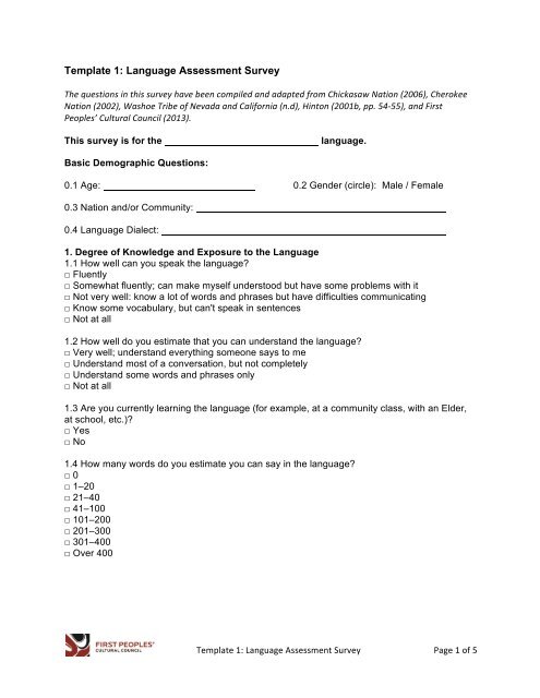 Template 1: Language Assessment Survey - First Peoples
