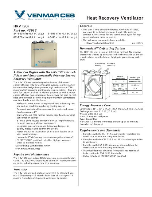 HRV150i Product Specifications - Venmar CES Inc.