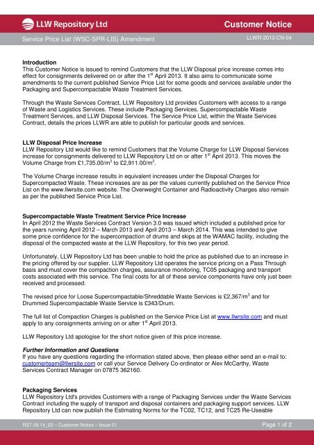 Customer Notice 2013-04 â Service Price List Amendment