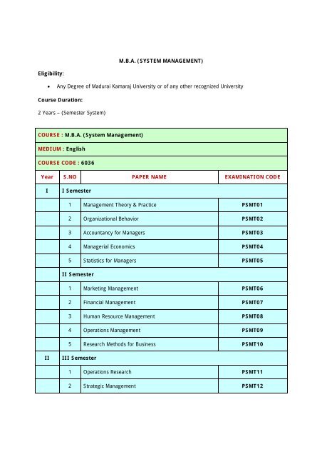 MBA (SYSTEM MANAGEMENT) - Madurai Kamaraj University