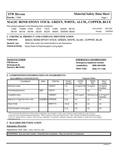 MAGIC BOND EPOXY STICK- GREEN, WHITE, ALUM., COPPER ...