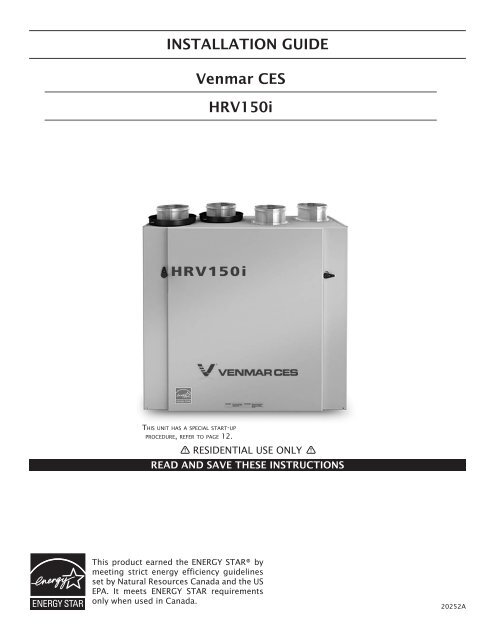 HRV150i Installation Guide - Venmar CES Inc.