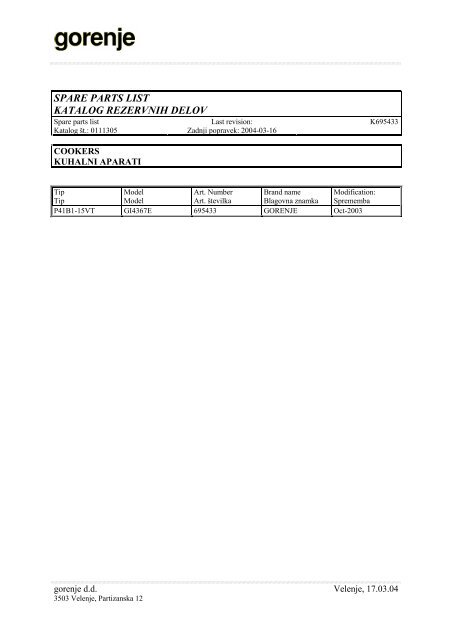 Gorenje Spare Parts List | Reviewmotors.co