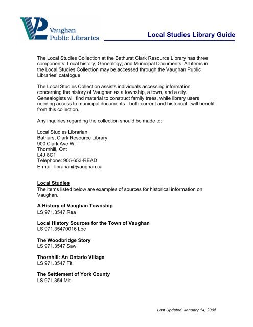 Local Studies Library Guide - Vaughan Public Libraries
