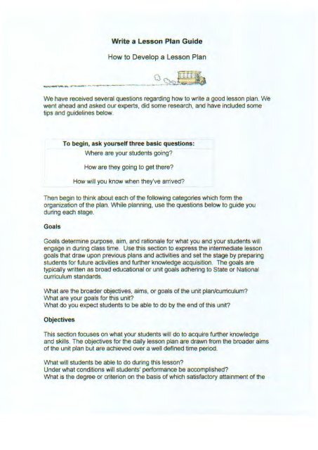 Write a Lesson Plan Guide How to Develop a Lesson Plan - APLING ...