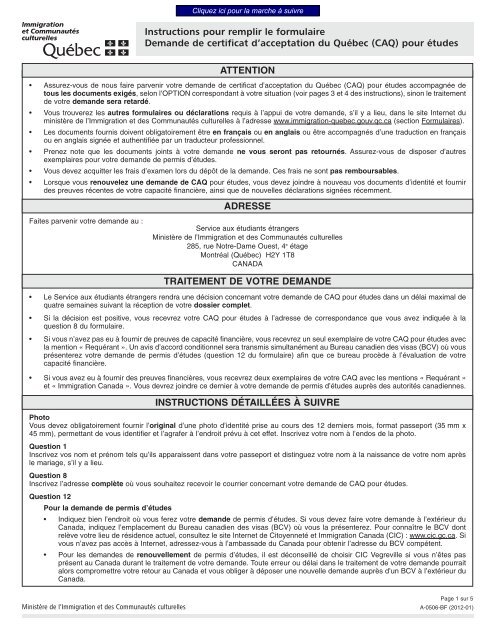 Formulaire de demande de certificat d'acceptation du Québec (CAQ)