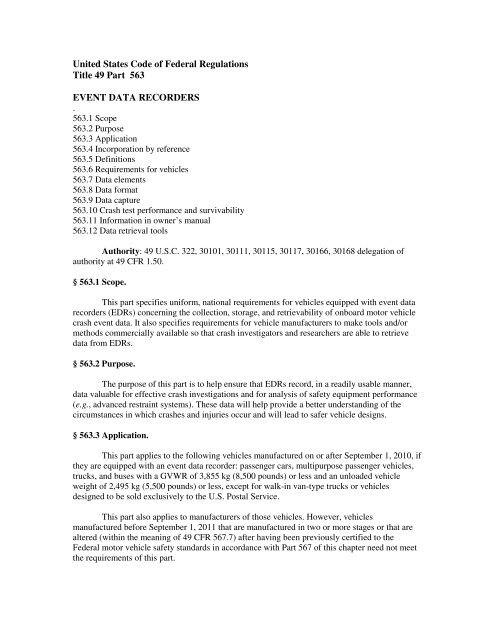 United States Code of Federal Regulations Title 49 Part 563 EVENT ...