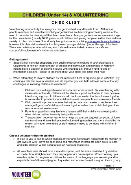 Children and Volunteering Checklist - Volunteer Now