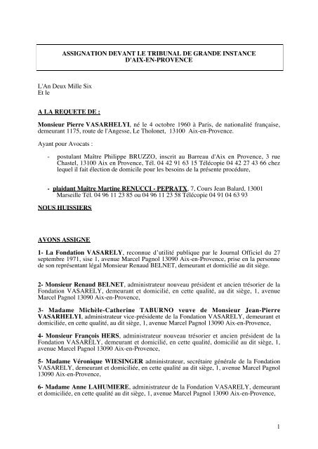1 ASSIGNATION DEVANT LE TRIBUNAL DE ... - Pierre Vasarely