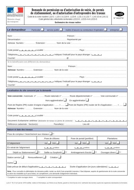 Demande de permission ou d'autorisation de voirie, de permis de ...