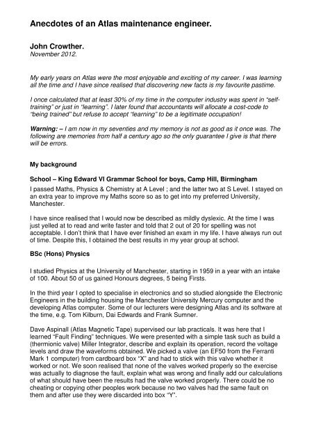 Anecdotes of an Atlas maintenance engineer. - University of ...