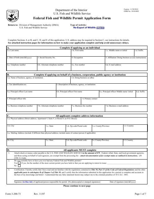 U.S. Fish and Wildlife Service Form 3-200-73