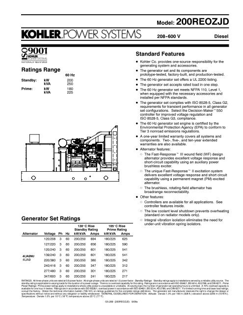 200REOZJD Standard Features Ratings Range Generator Set Ratings