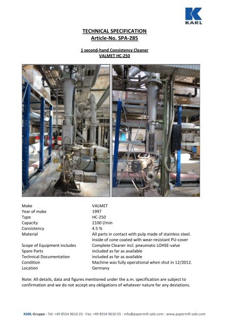 HC-Cleaner VALMET HC250 - Technical Specification ... - Karl Gruppe