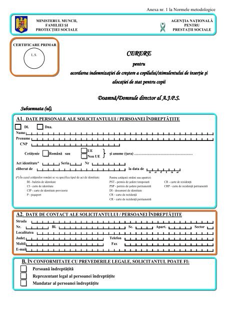 Cerere pentru acordarea indemnizaţiei de creştere ... - Primaria Sulina Cerere pentru acordarea indemnizaţiei de creştere ... - Primaria Sulina