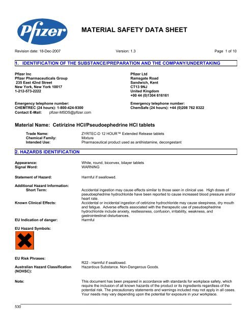 material safety data sheet - Pfizer