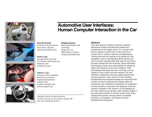 Automotive User Interfaces: Human Computer Interaction in the Car