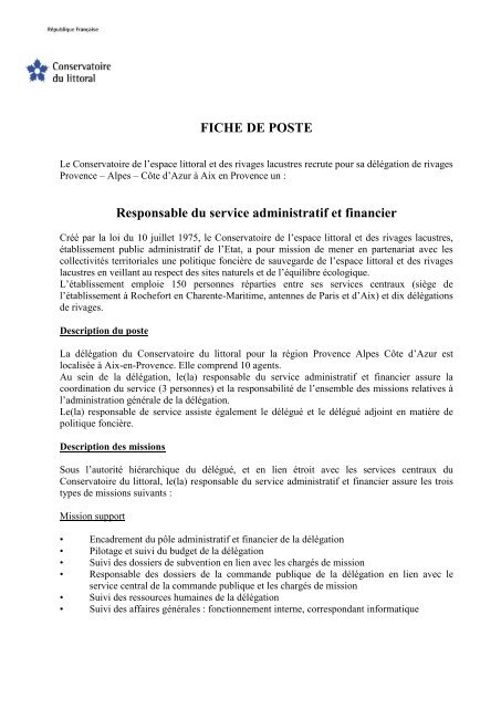 FICHE DE POSTE : Responsable Administratif et Comptable